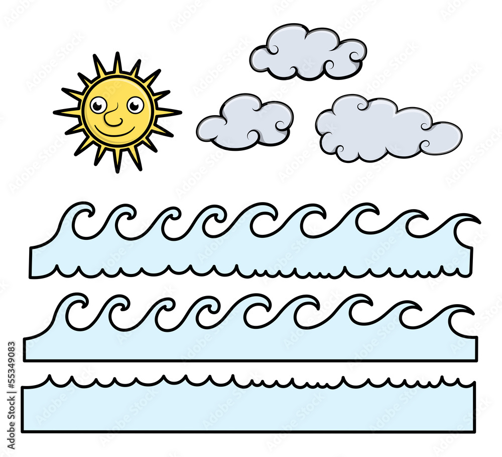 Cartoon Waves, Sun and Clouds - Cartoon Vector Illustration Stock ...