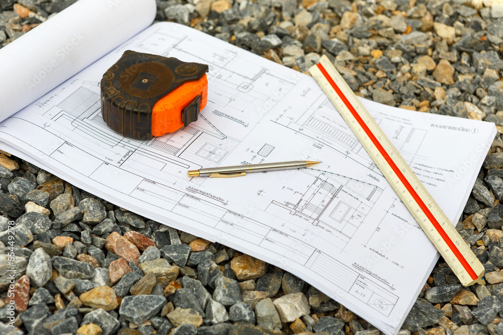 architecture drawings with pencil , ruler and Cartridges meters Stock ...