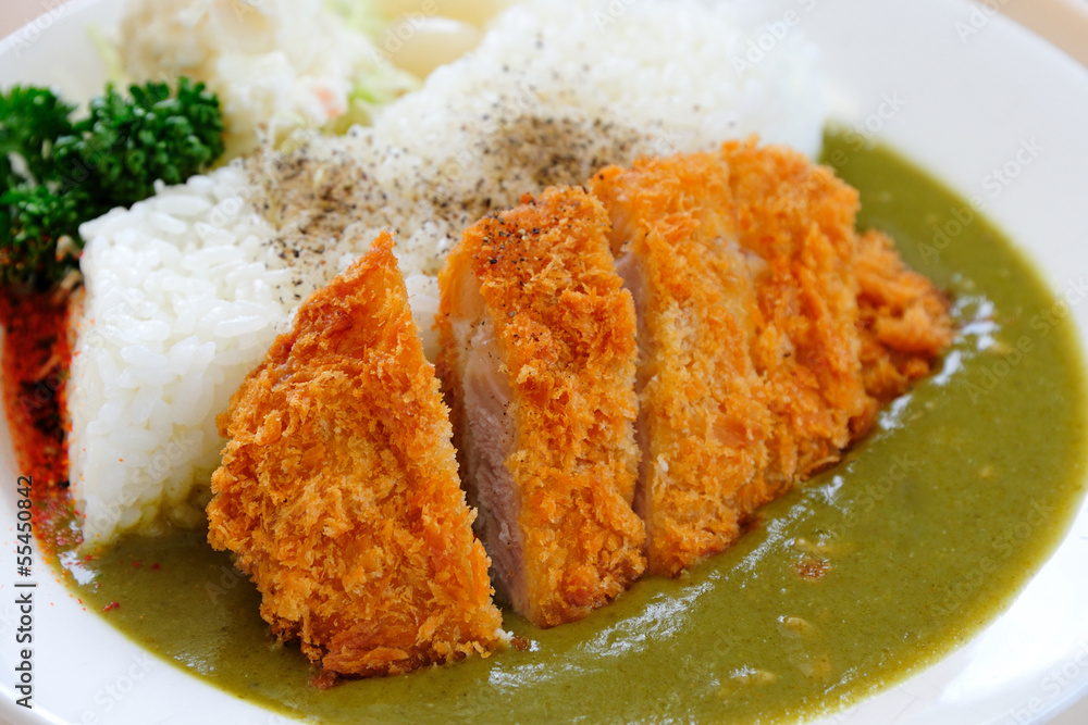 Katsu Kare-Japanese deep fried pork cutlet with steamed rice Stock ...