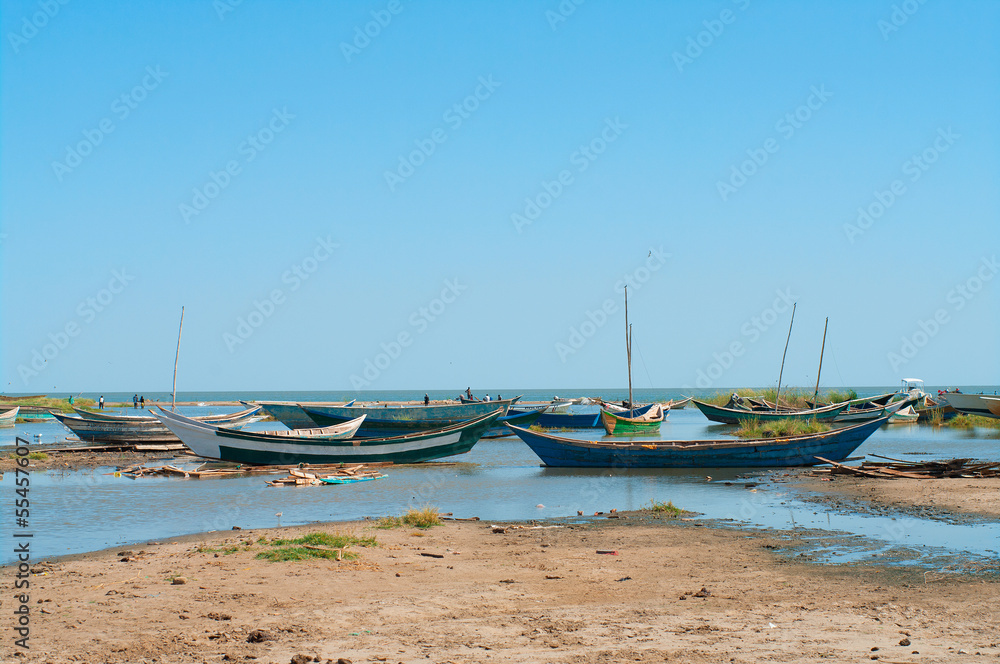 African traditional fishing boats at lake Turkana, Kenya Stock Photo ...