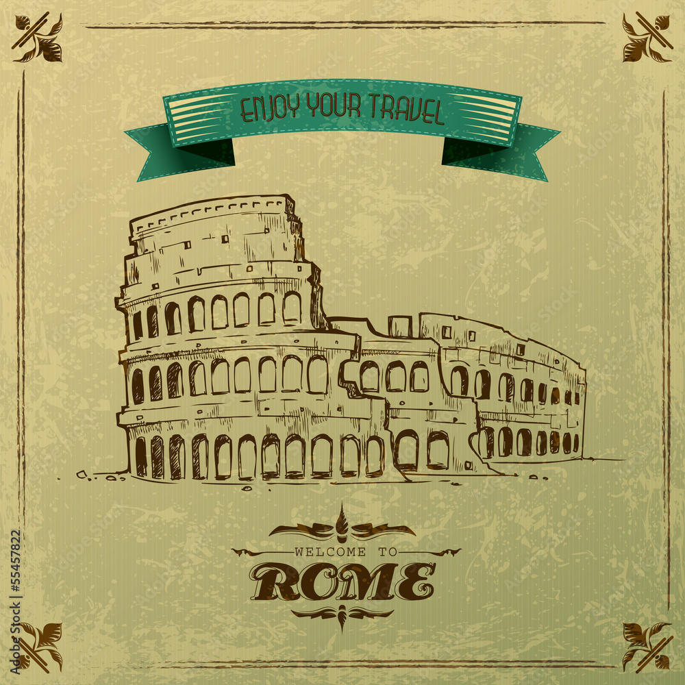 vector illustration of Roman Colosseum for retro travel poster Stock ...