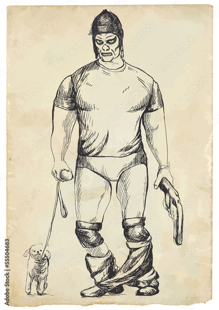 Muscleman from the dead with a revolver and a small dog. Stock Vector ...