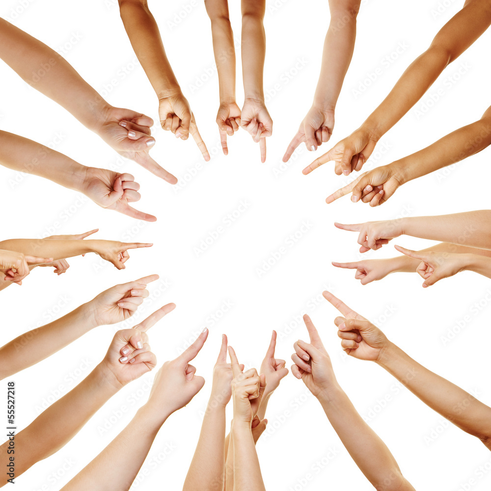 Many hands pointing to the center Stock Photo | Adobe Stock