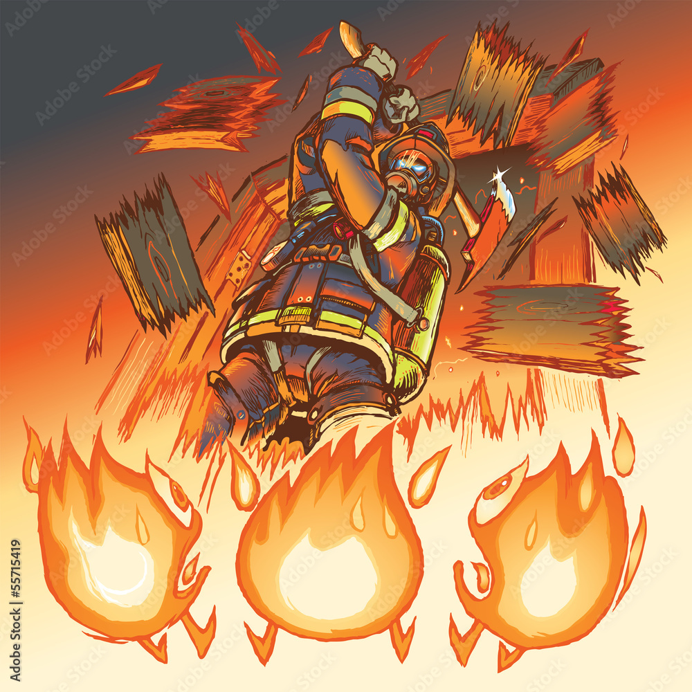 Firefighter attacks cartoon flames with an axe vector illustrati Stock ...