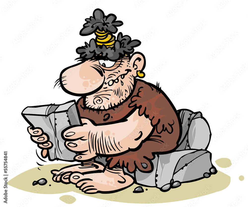 Cartoon Caveman reading stone newspaper. Stock Vector | Adobe Stock