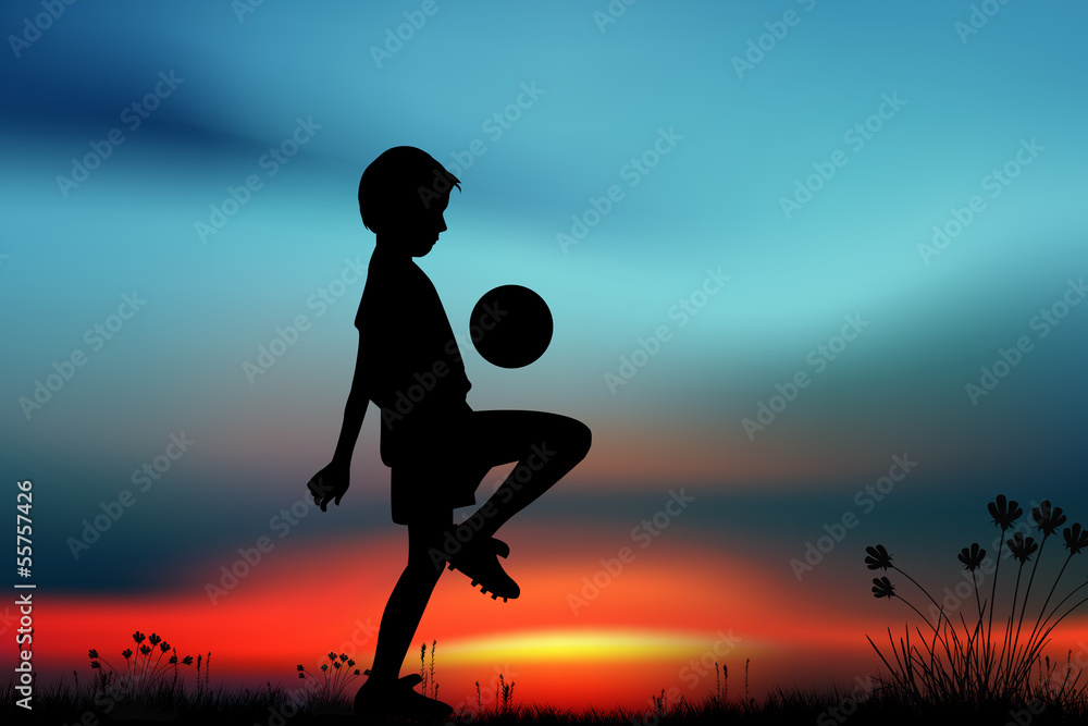 Silhouette, children playing football on meadow, sunset, Stock ...