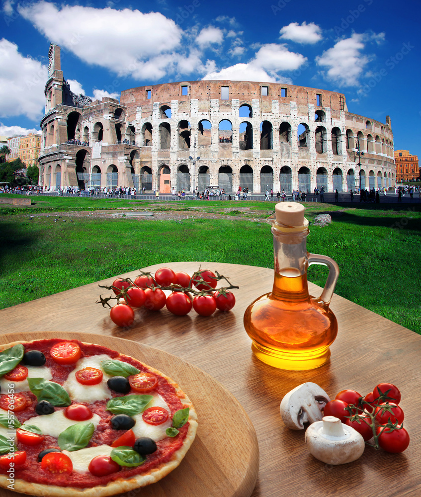 Colosseum with Italian pizza in Rome, Italy Stock Photo | Adobe Stock