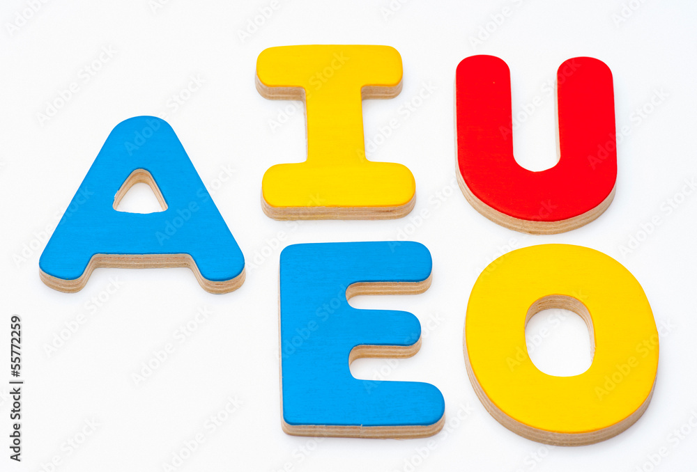 AEIOU, the first five letters of the alphabet colored wood Stock Photo | Adobe Stock