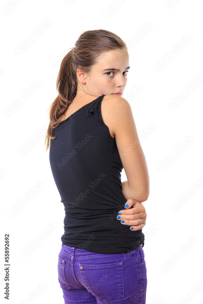 afraid teenage girl looking back over here shoulder, isolated on Stock ...