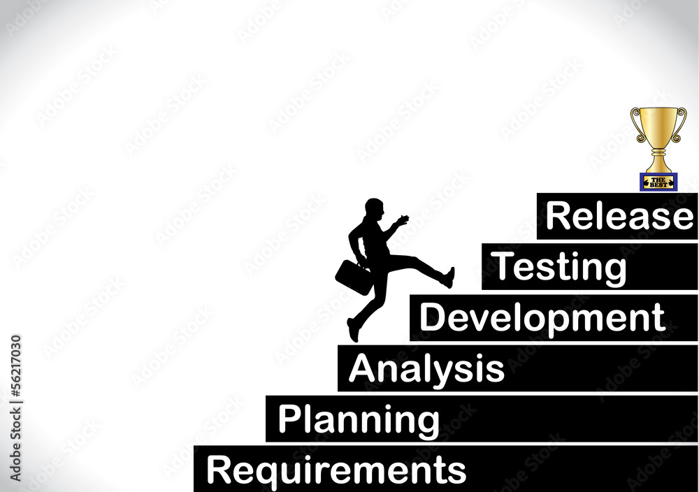 businessman climbing stairs of software development life cycle Stock ...
