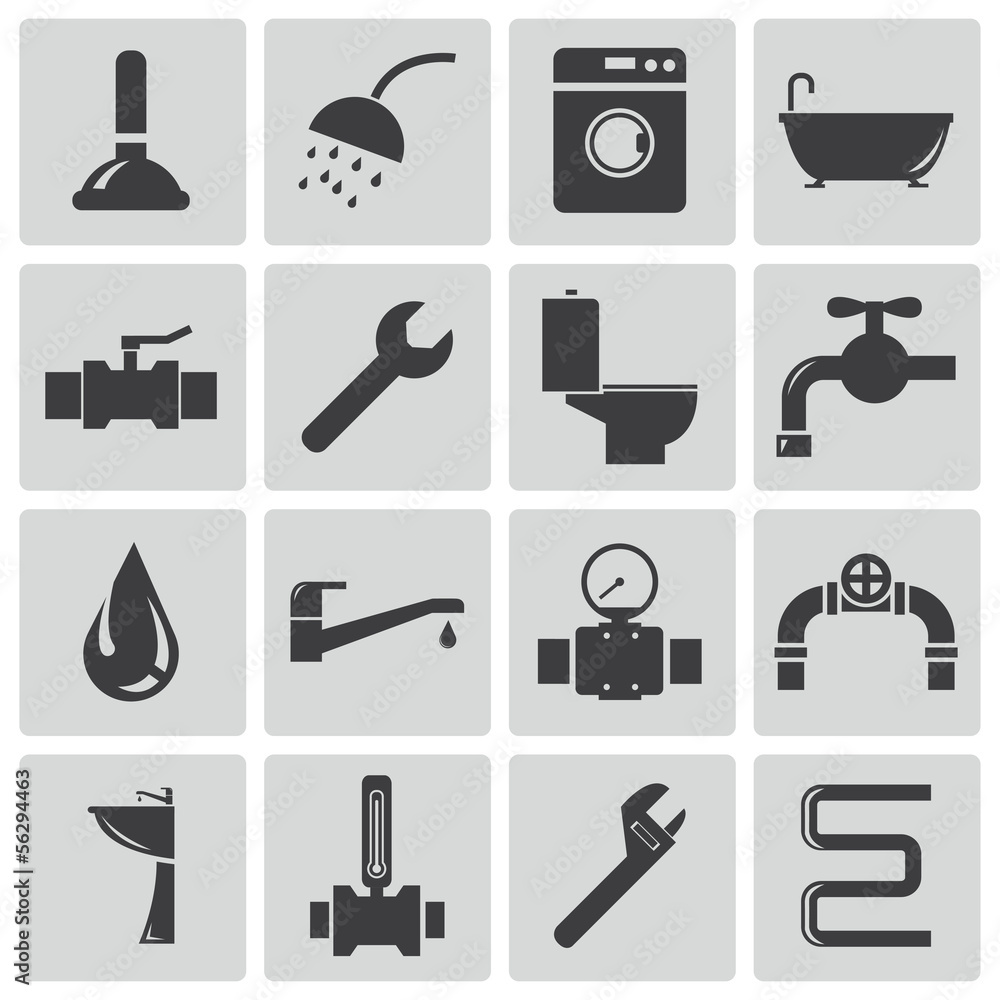 Vector black plumbing icons set Stock Vector | Adobe Stock