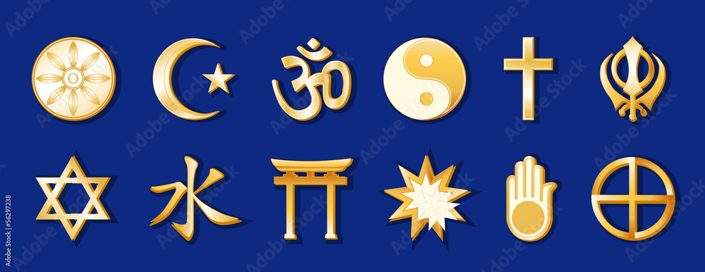 World Religions, 12 international faith symbols, beliefs, blue Stock ...