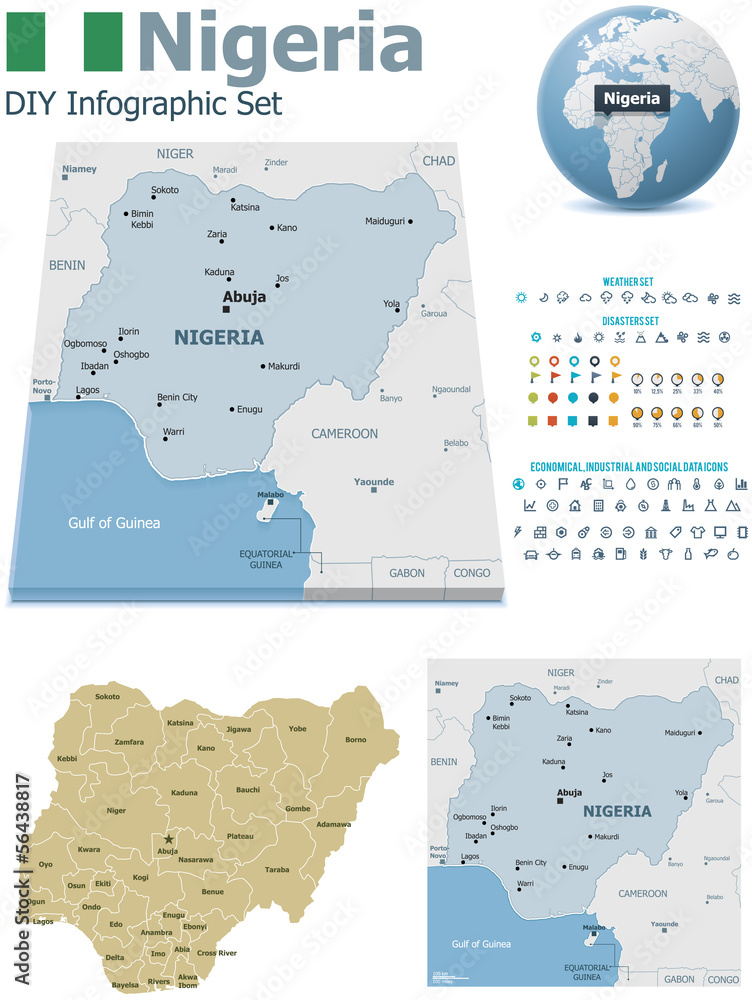 Nigeria maps with markers Stock Vector | Adobe Stock