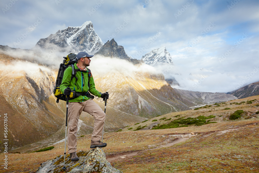 Hiker posing at camera on the trek in Himalayas, Nepal Stock Photo ...