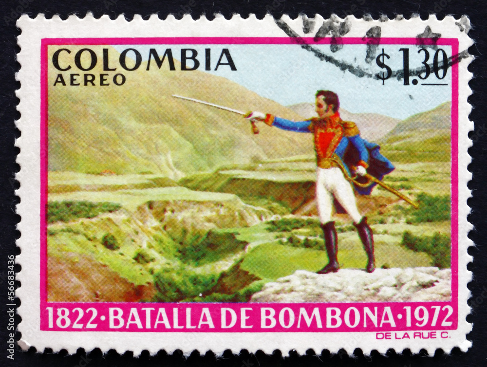 Poster Postage stamp Colombia 1973 Simon Bolivar, Battle of Bombona ...