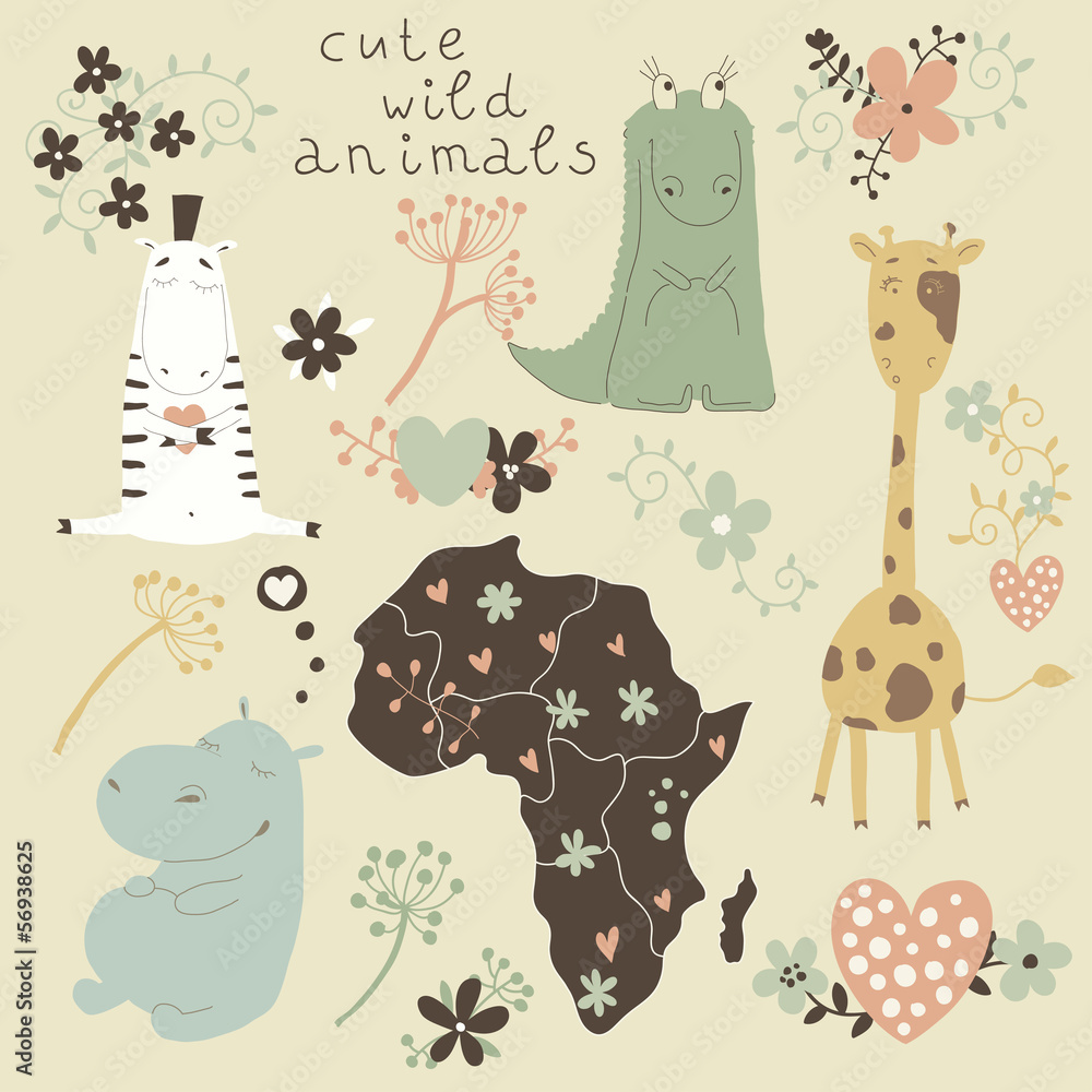 Cartoon set of wild animals and flowers. Cute cartoon characters Stock ...