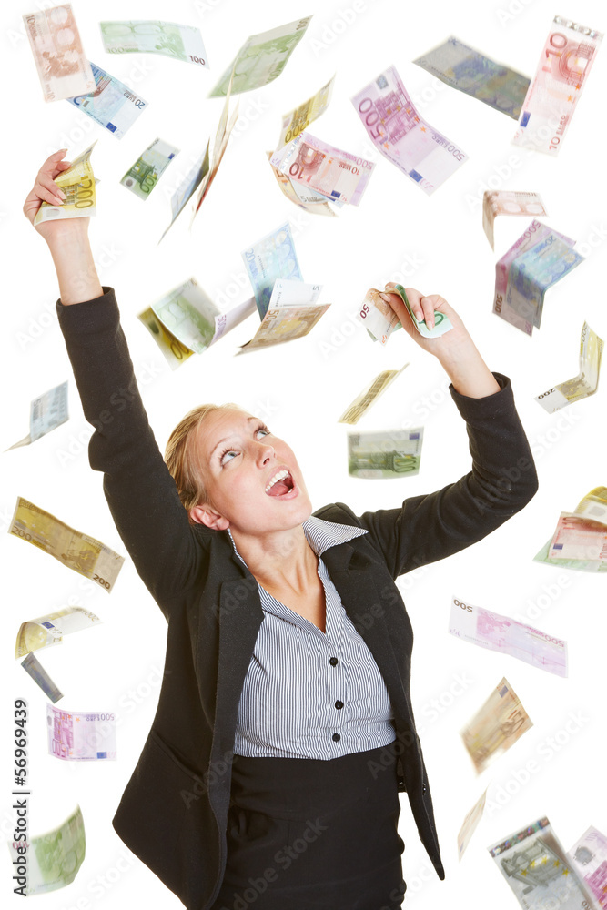 Glückliche Frau fängt fliegendes Geld Stock Photo | Adobe Stock