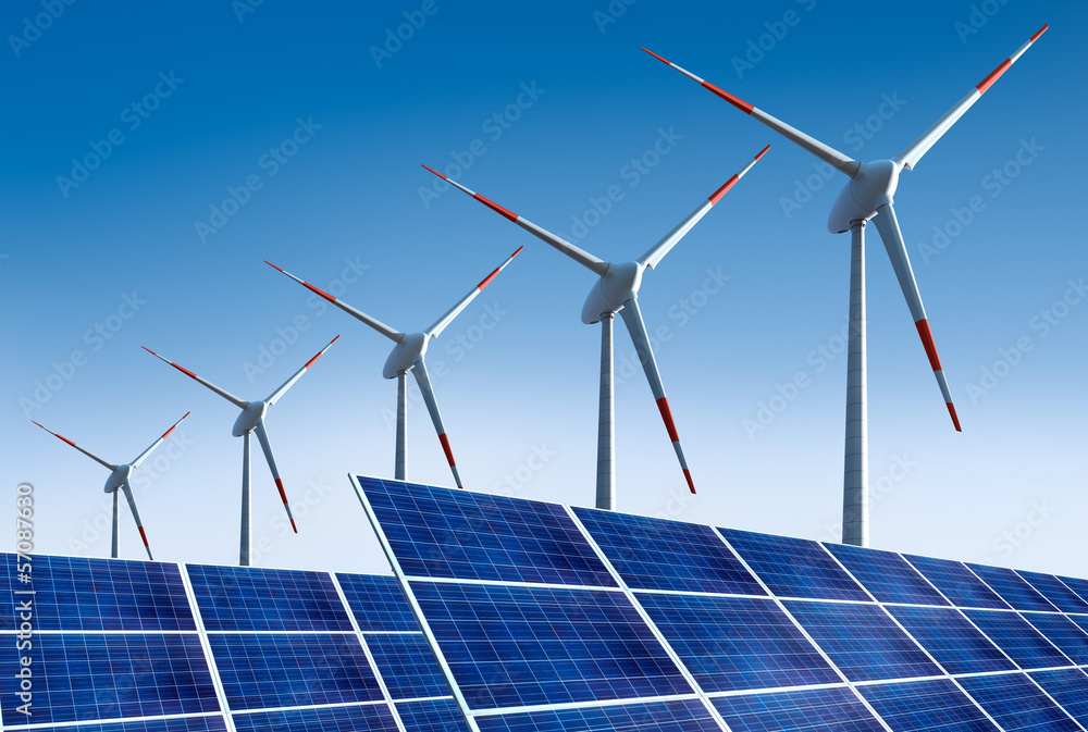 5 Windräder mit Solarpanels Stock-Foto | Adobe Stock