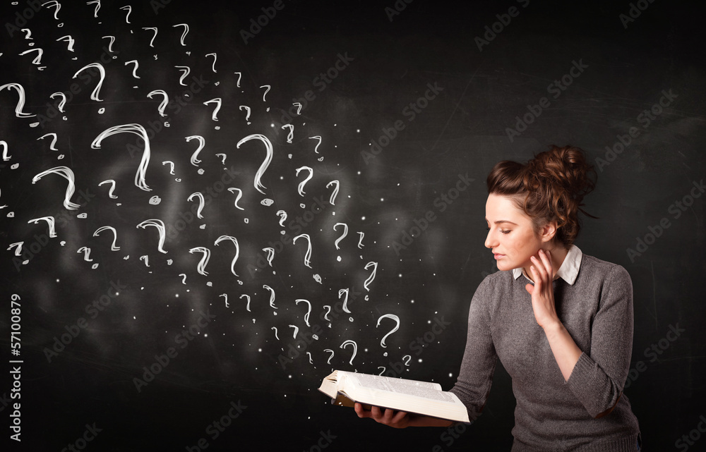 Pretty woman reading a book with question marks coming out from Stock ...