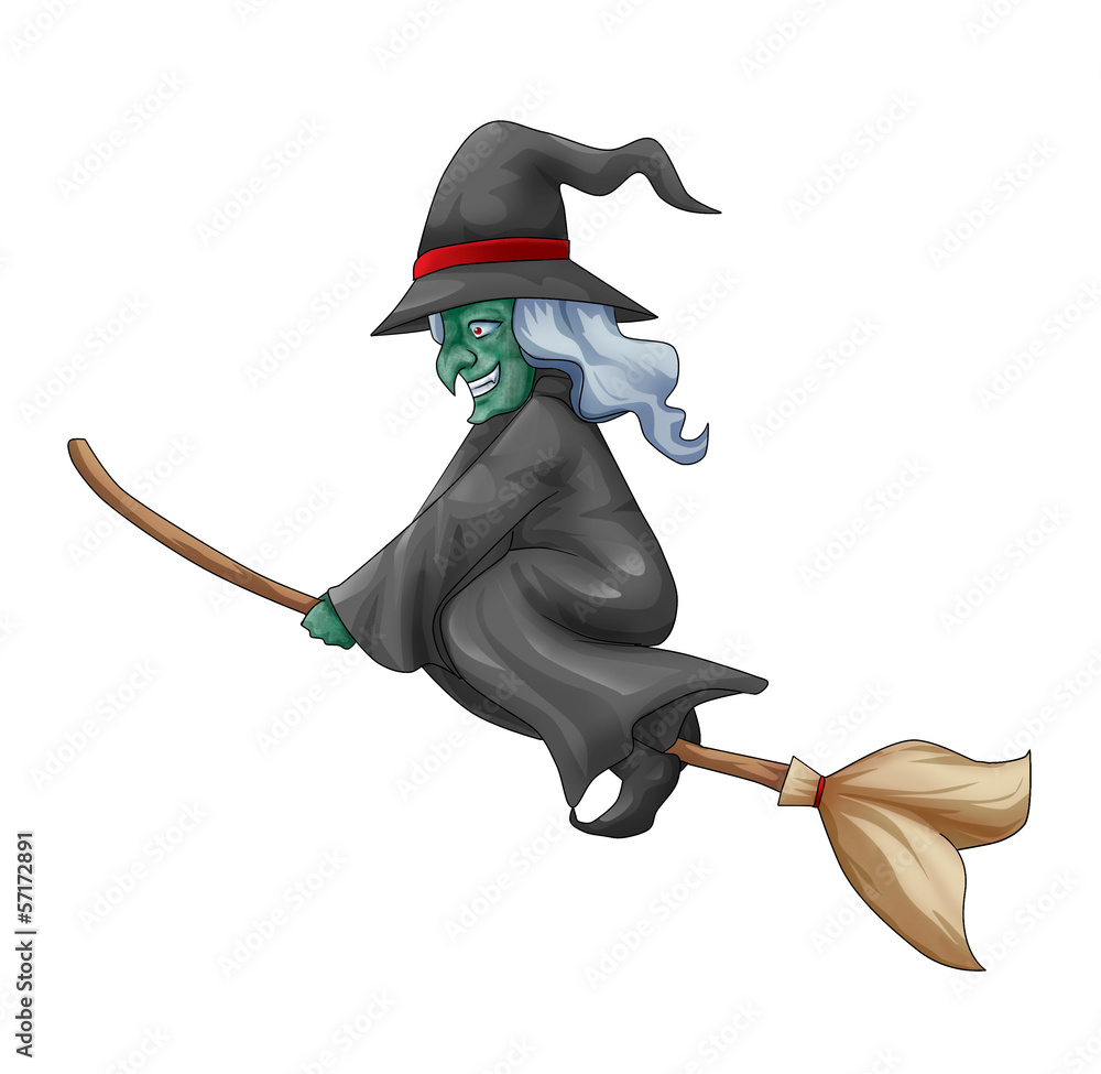 Cartoon illustration of a witch flying with her broom Stock ...