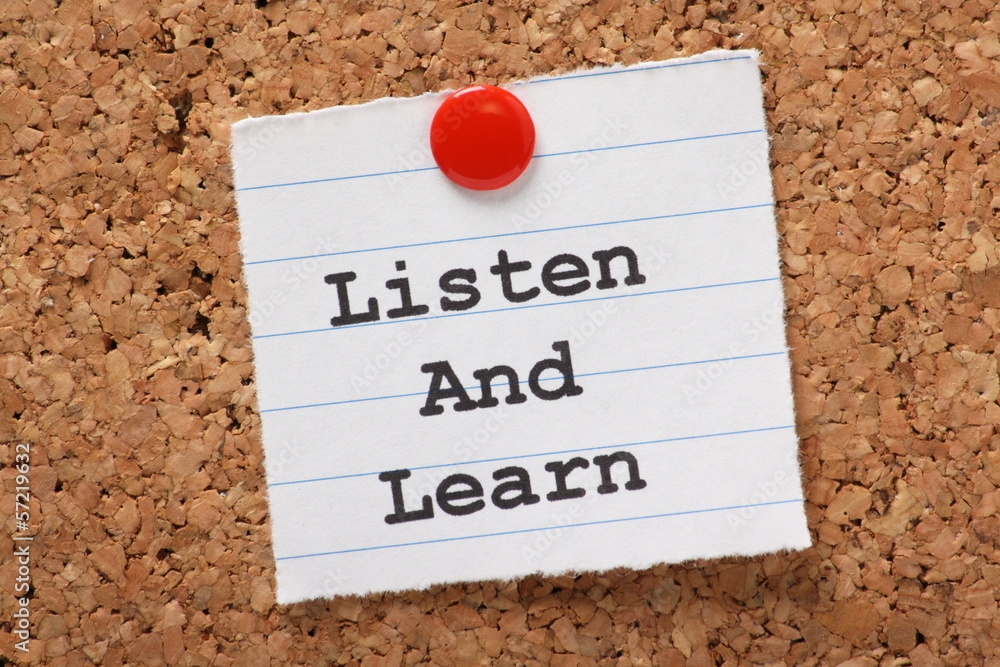 Listen and Learn paper note on a cork notice board Stock Photo | Adobe ...
