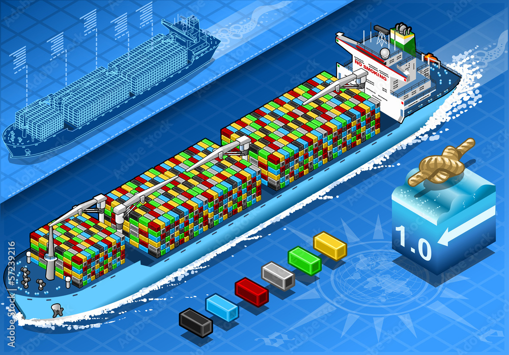 Isometric Cargo Ship with Containers in Navigation in Front View Stock ...