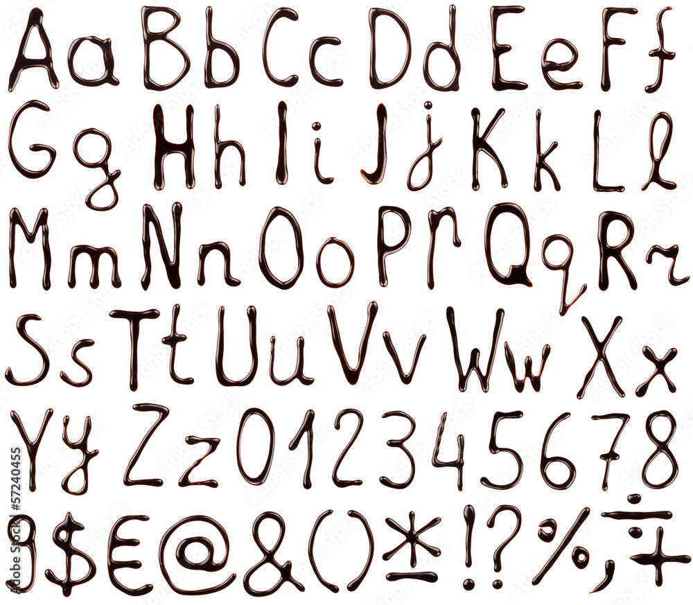 alphabet letters, numbers and symbols written with chocolate syr Stock ...