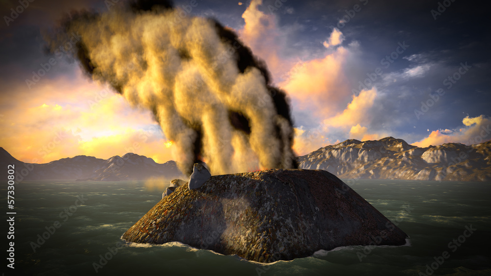 Volcanic eruption on island Stock Illustration | Adobe Stock