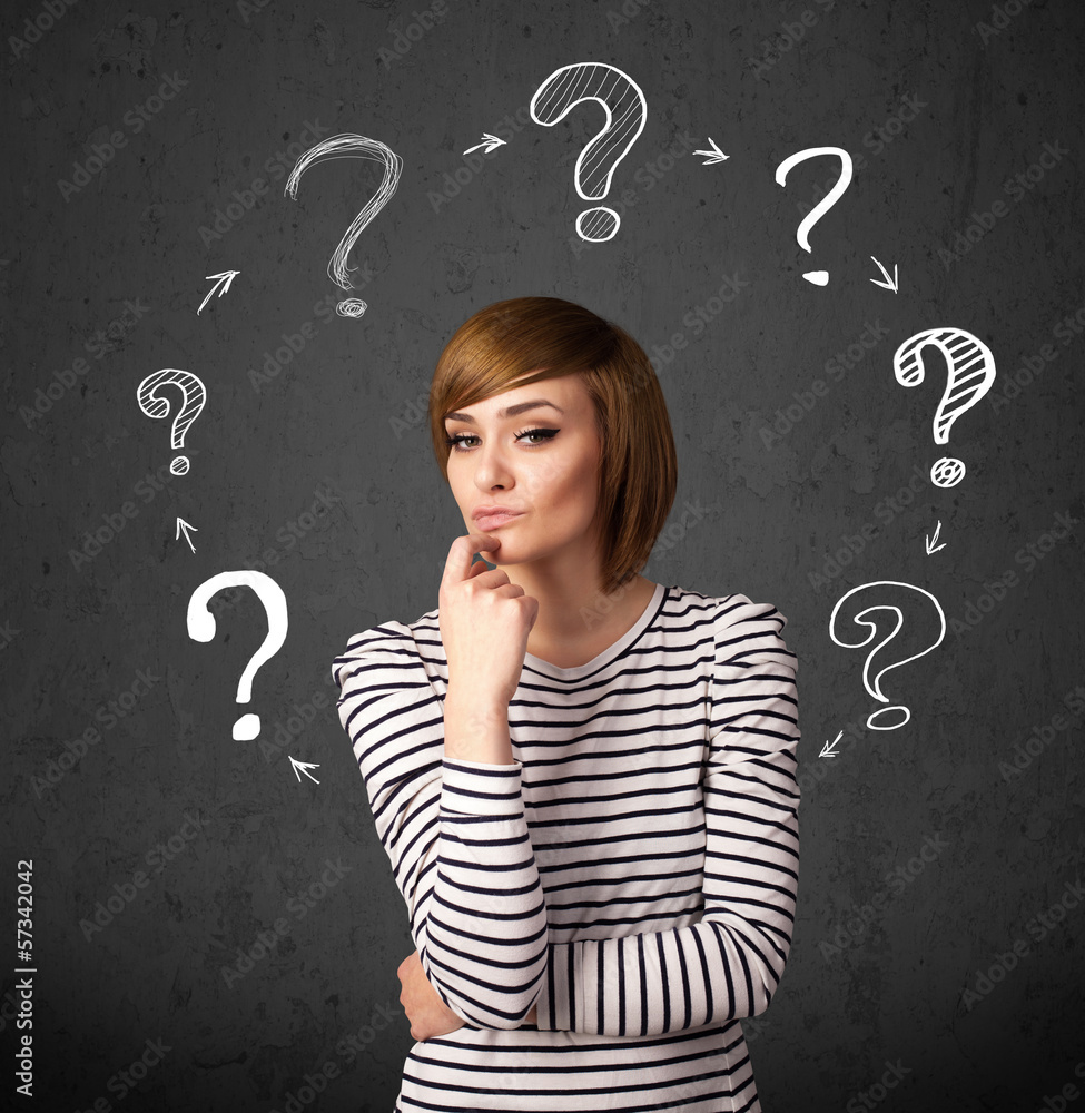 Young woman thinking with question mark circulation around her h Stock ...