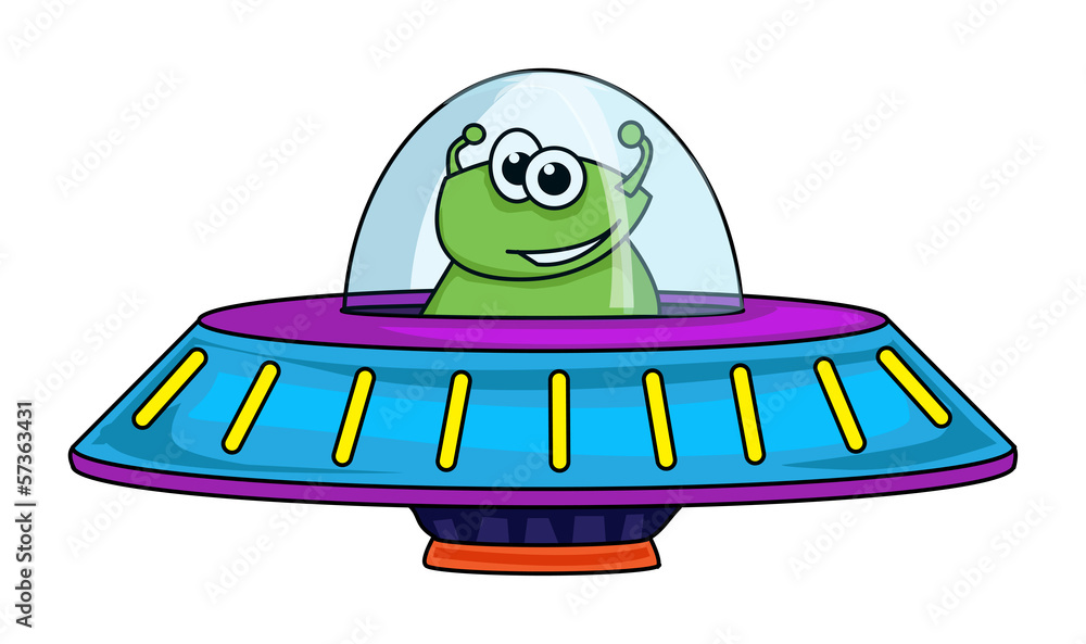 Green alien in a cute cartoon space ship Stock Vector | Adobe Stock