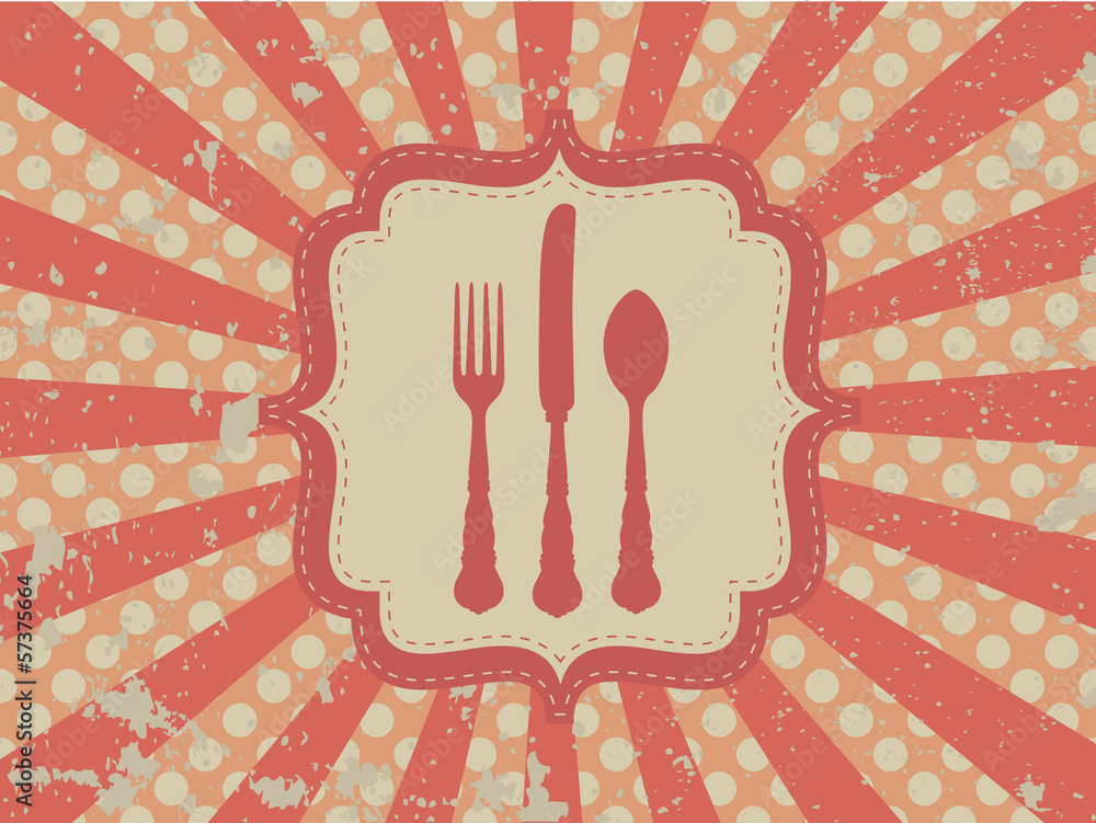 Grunge vintage menu background with rays, frame and cutlery Stock ...