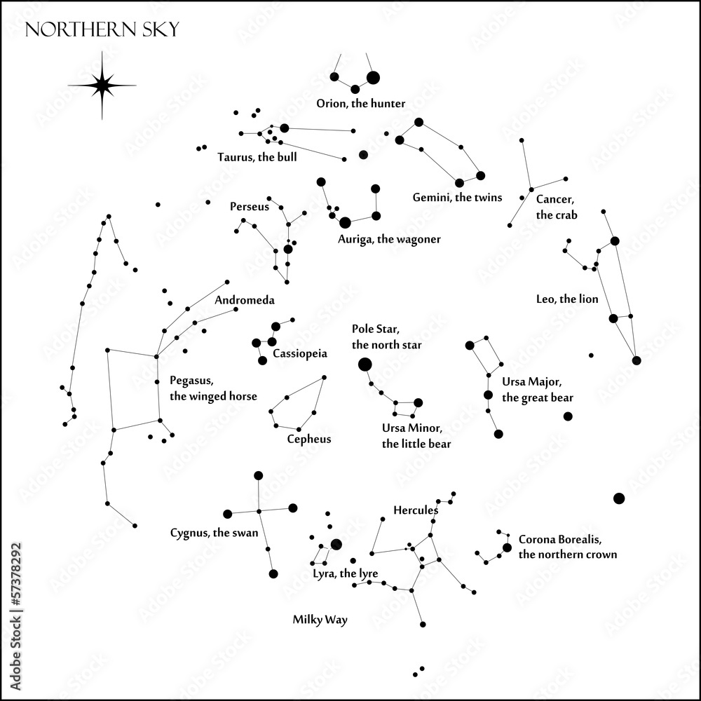 Star map, northern sky constellations Stock Vector | Adobe Stock