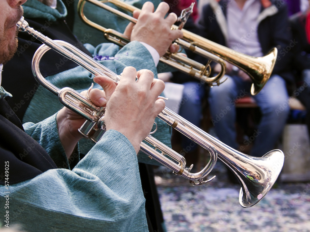 Trumpet of a musical band on the street in Moors and Christians Stock ...