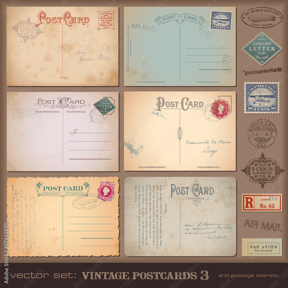 set of nostalgic postcards and stamps Stock Vector | Adobe Stock