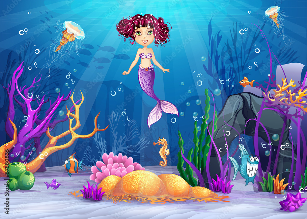 Illustration of the underwater world with a mermaid Stock Vector ...