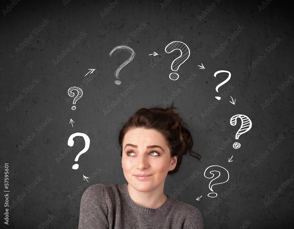 Young woman thinking with question mark circulation around her h Stock ...