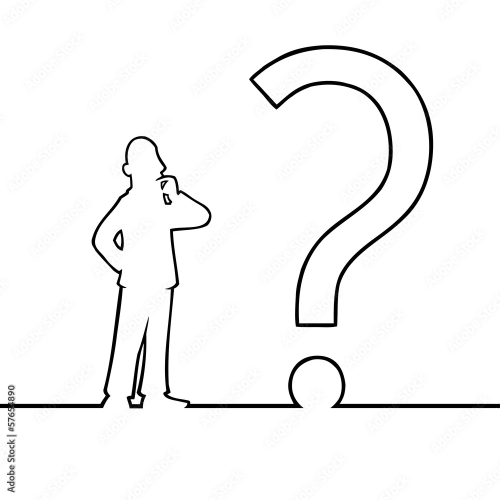 Black line art illustration of a man looking at a question mark. Stock ...