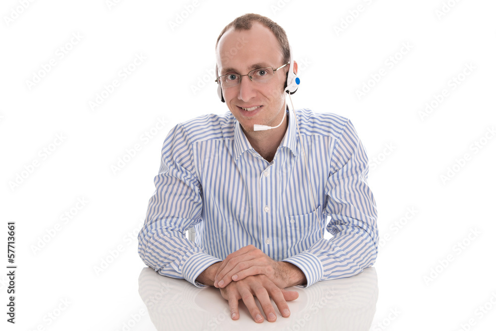 Mann telefoniert in einer Telefonkonferenz mit Headset Stock Photo ...