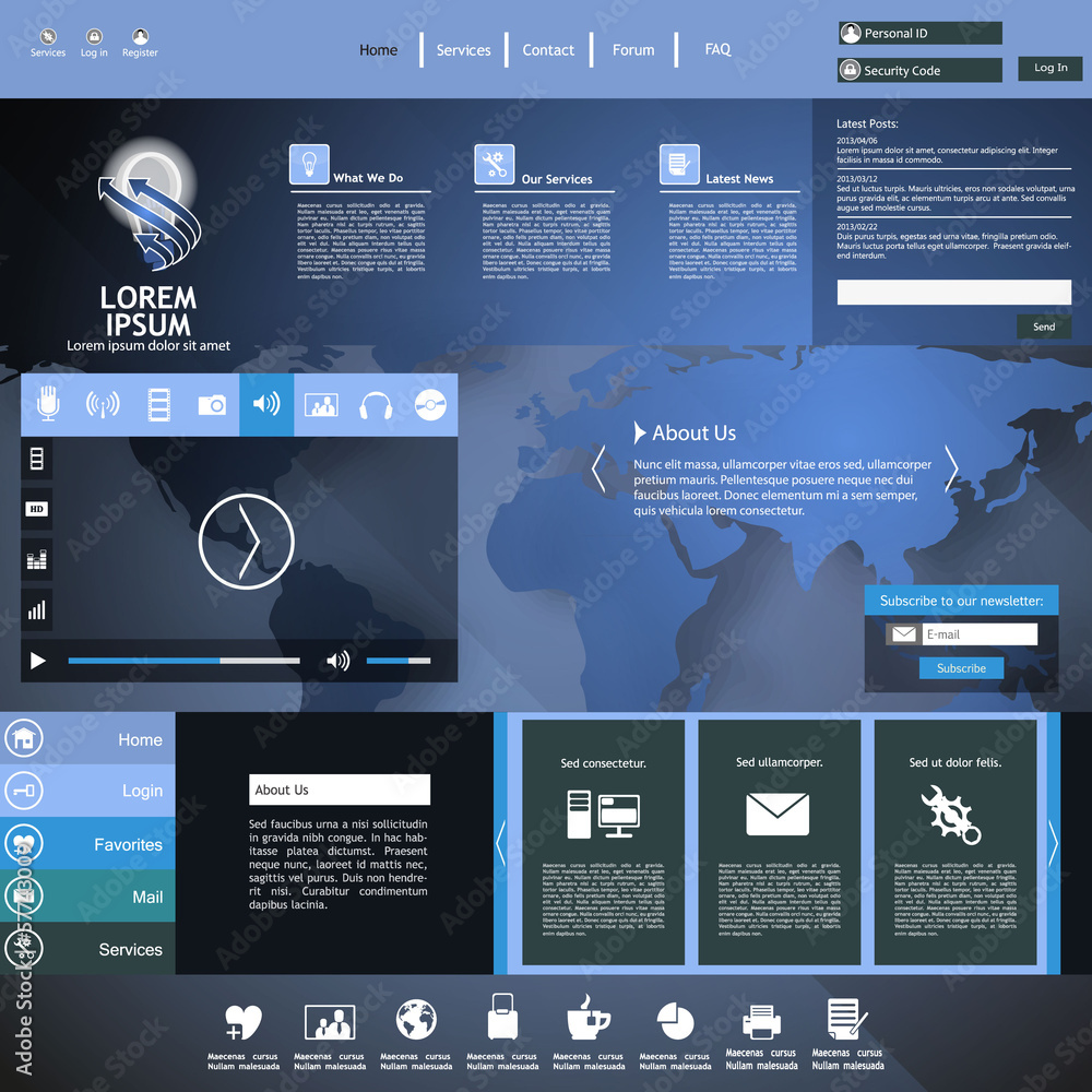 Professional, Modern Blue Website Template with Flat menu design Stock ...