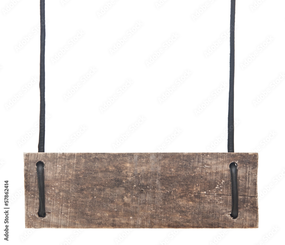 close up of an empty wooden sign hanging on a rope on white back Stock ...