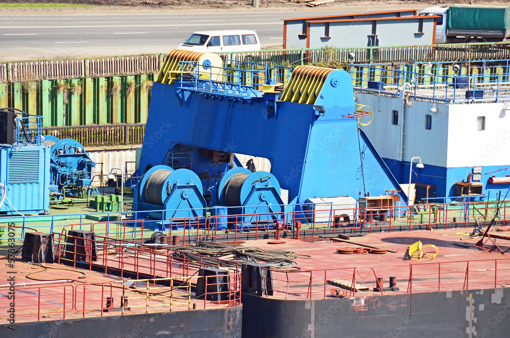 Cable winch mechanism of floating construction crane Stock Photo ...