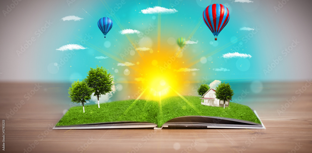 Open book with green nature world coming out of its pages Stock Photo ...