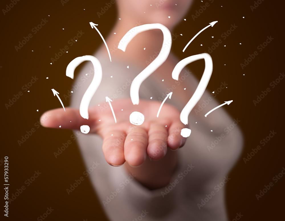 Young woman presenting hand drawn question marks Stock Photo | Adobe Stock