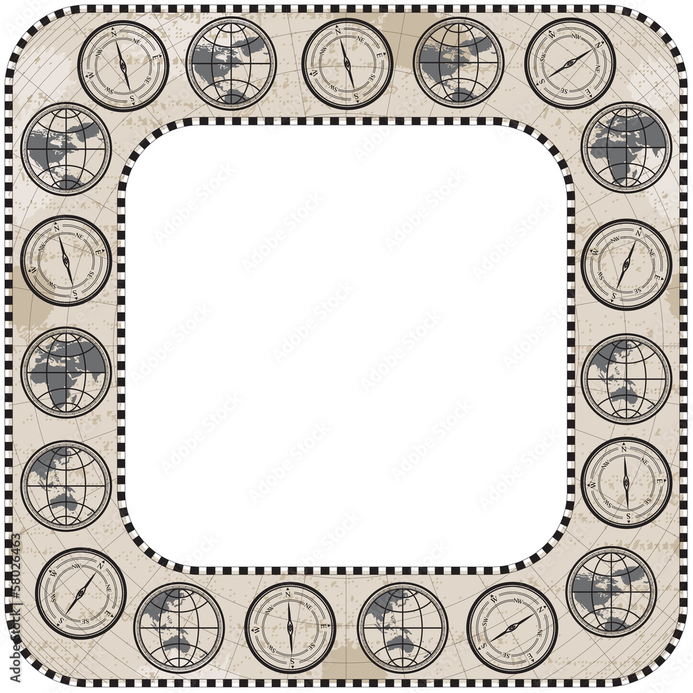 Retro square frame border with round corner, globe, compass Stock ...
