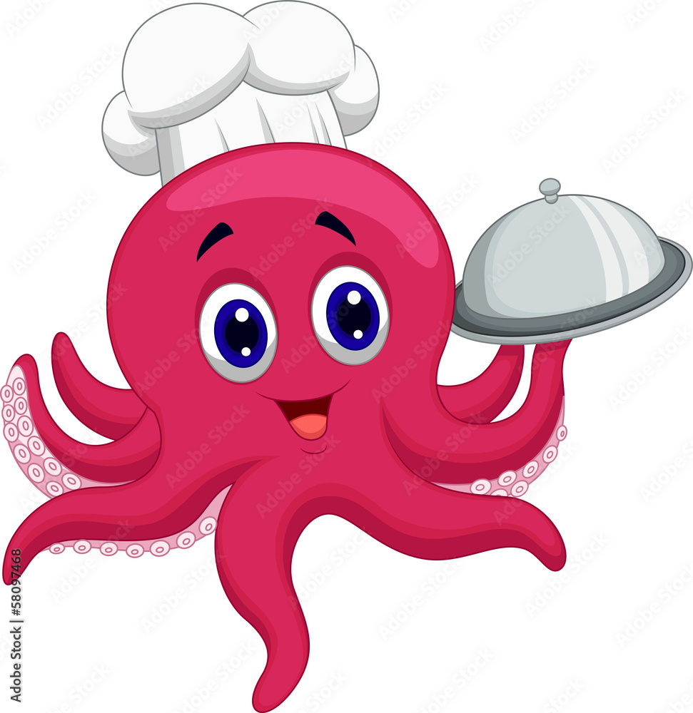 Octopus chef cartoon holding platters Stock Vector | Adobe Stock