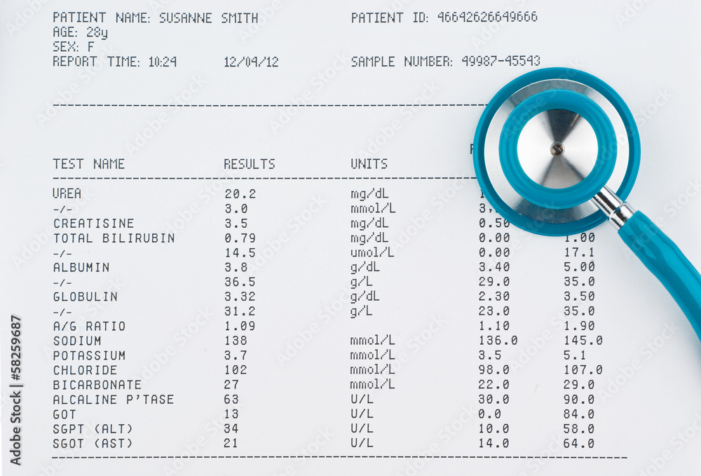 Blood test results in a clipboard with stethoscope Stock Photo | Adobe ...
