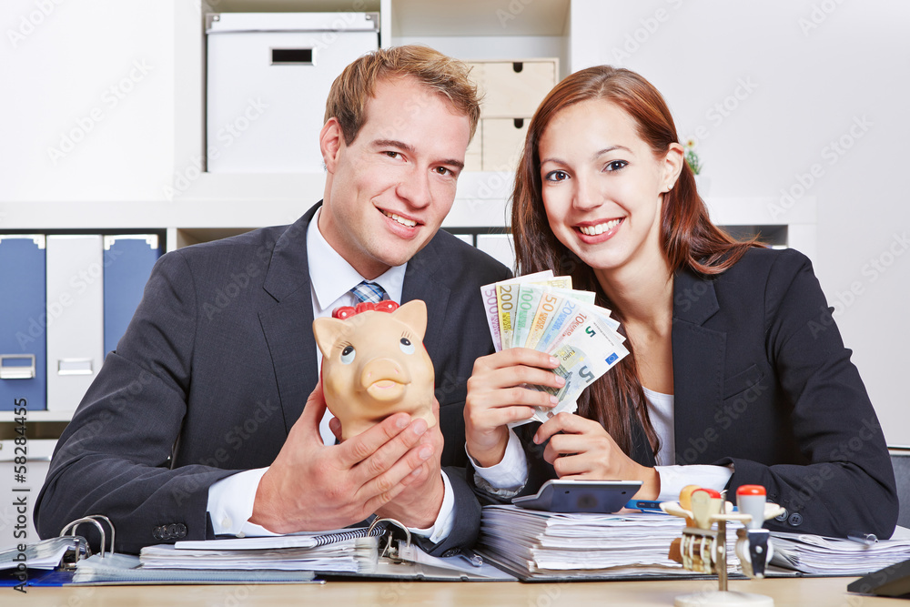 Business people with money and piggy bank Stock Photo | Adobe Stock