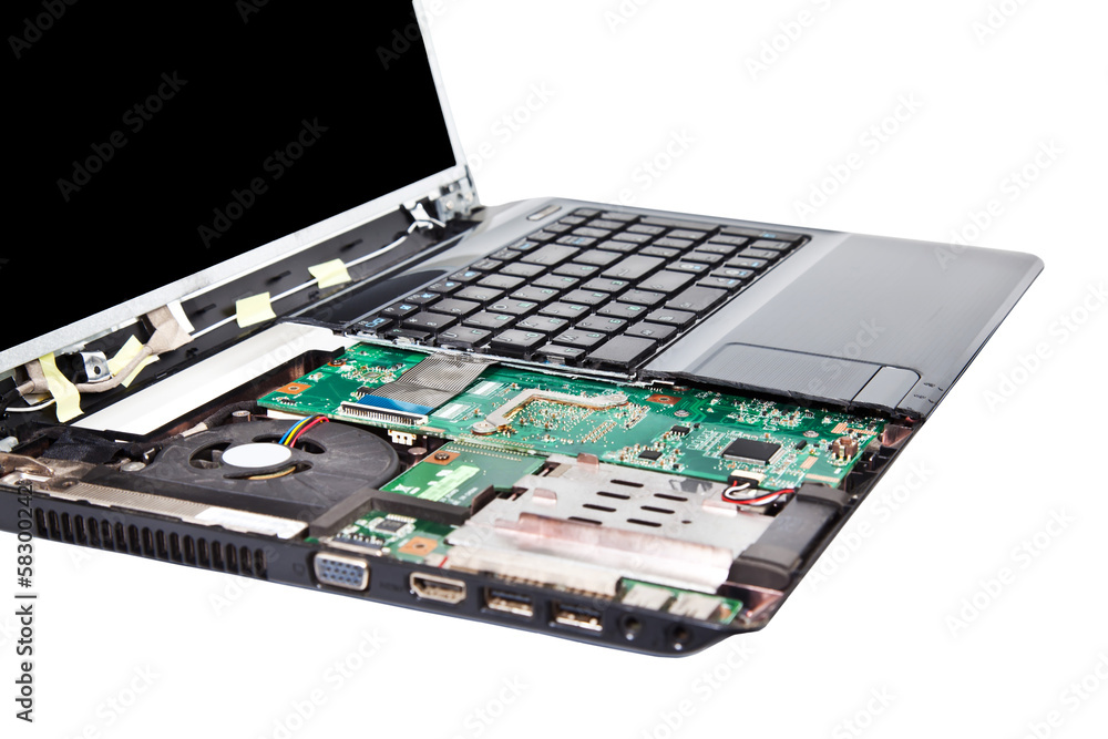 Laptop half disassembled. Repair service concept. Close up Stock Photo ...