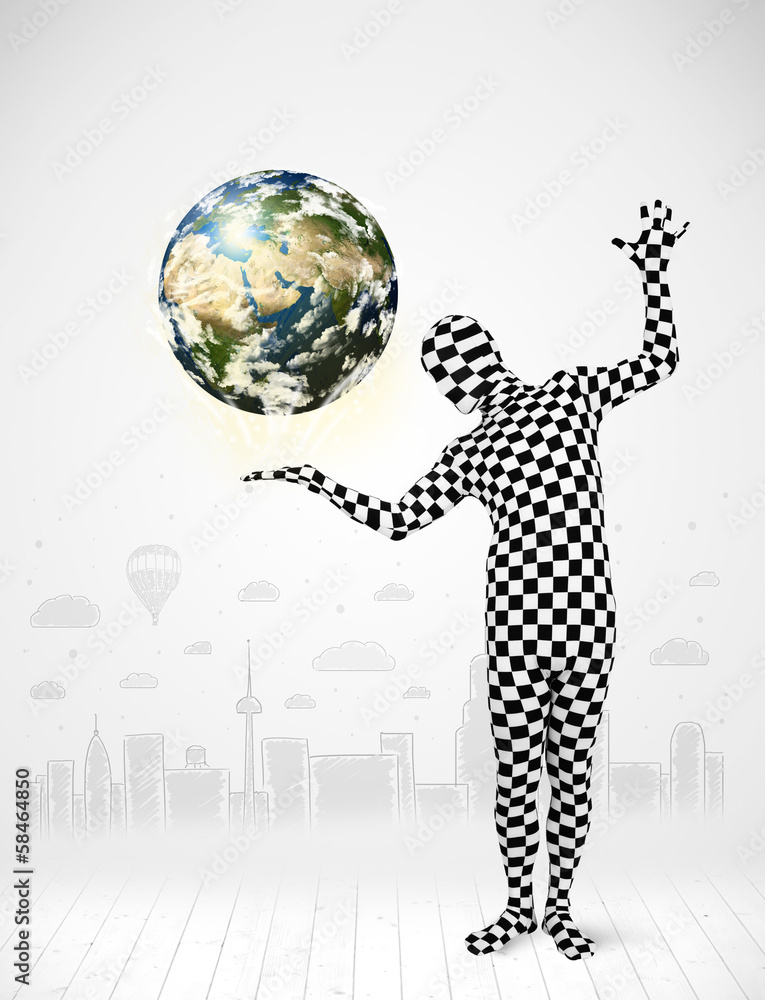 man in full body suit holding planet earth Stock Photo | Adobe Stock
