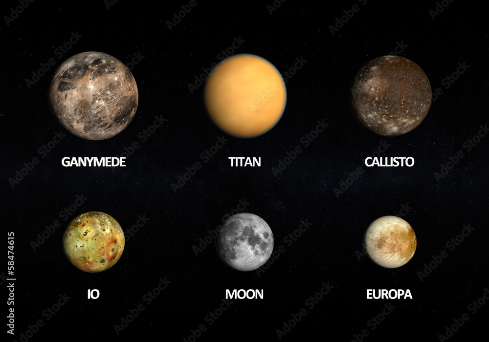 Jupitermoons, the Earth Moon and Titan Stock Illustration | Adobe Stock